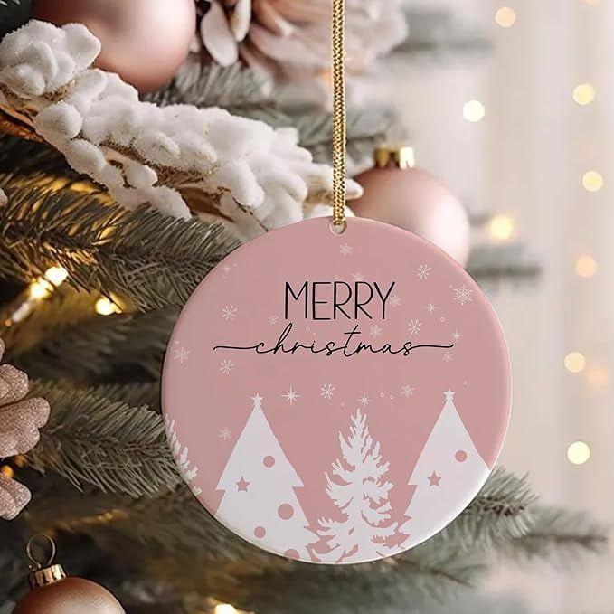 Ceramic 2D Print Pink Christmas Ornaments, Merry Christmas Ornaments ...