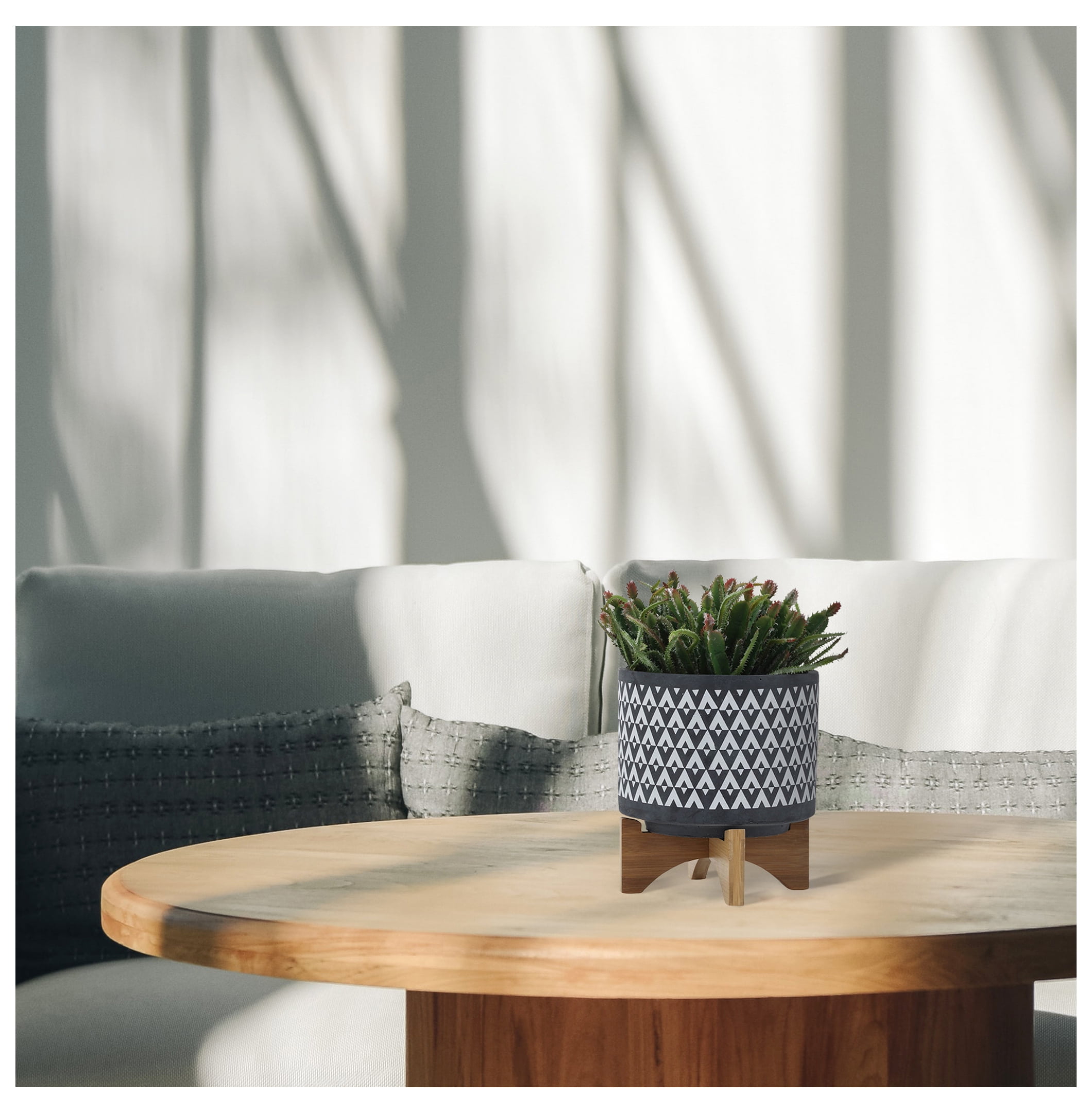 Ceramic Aztec Planter with Wooden Stand - 8 Inch Gray Flower Pot ...