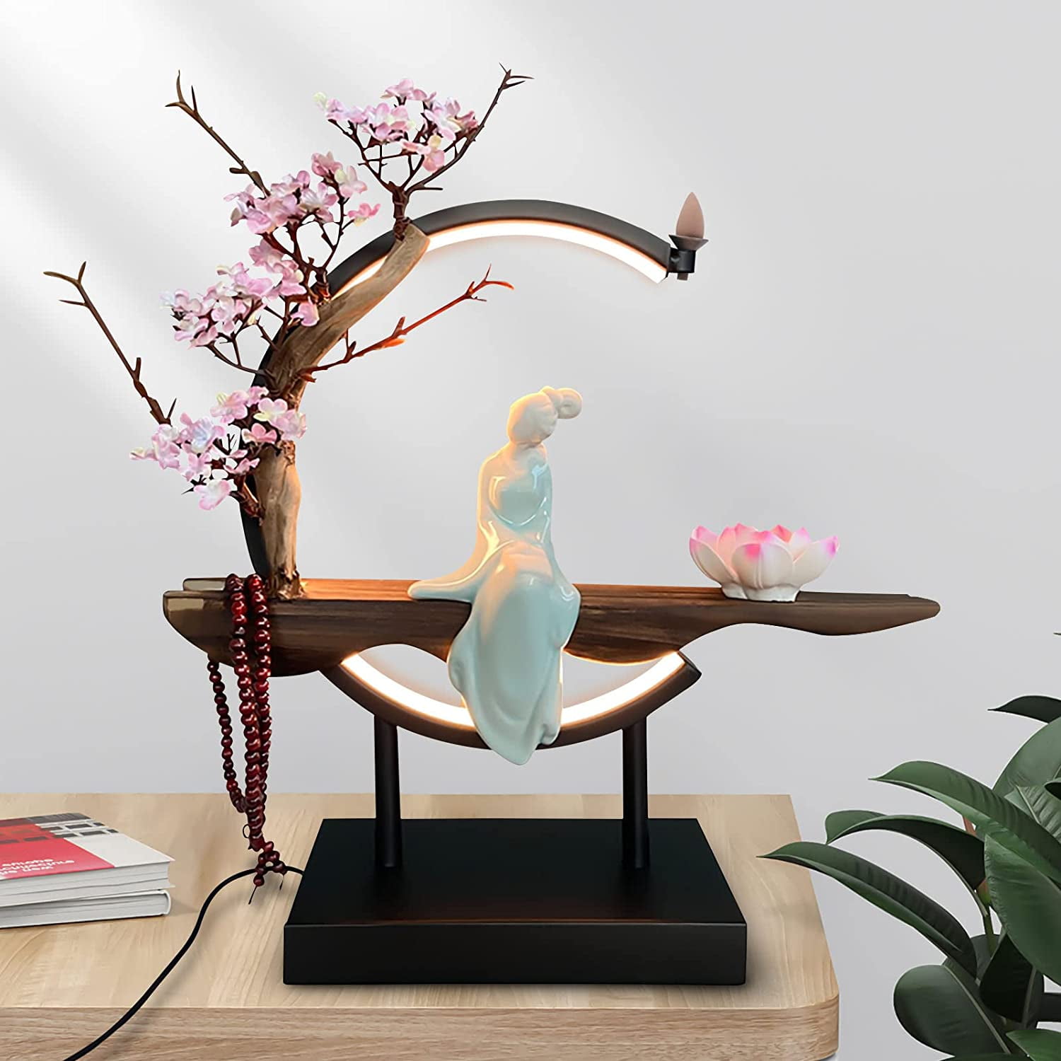 Ceramic Backflow Incense Burner with LED Light, Lotus Waterfall, Peach ...