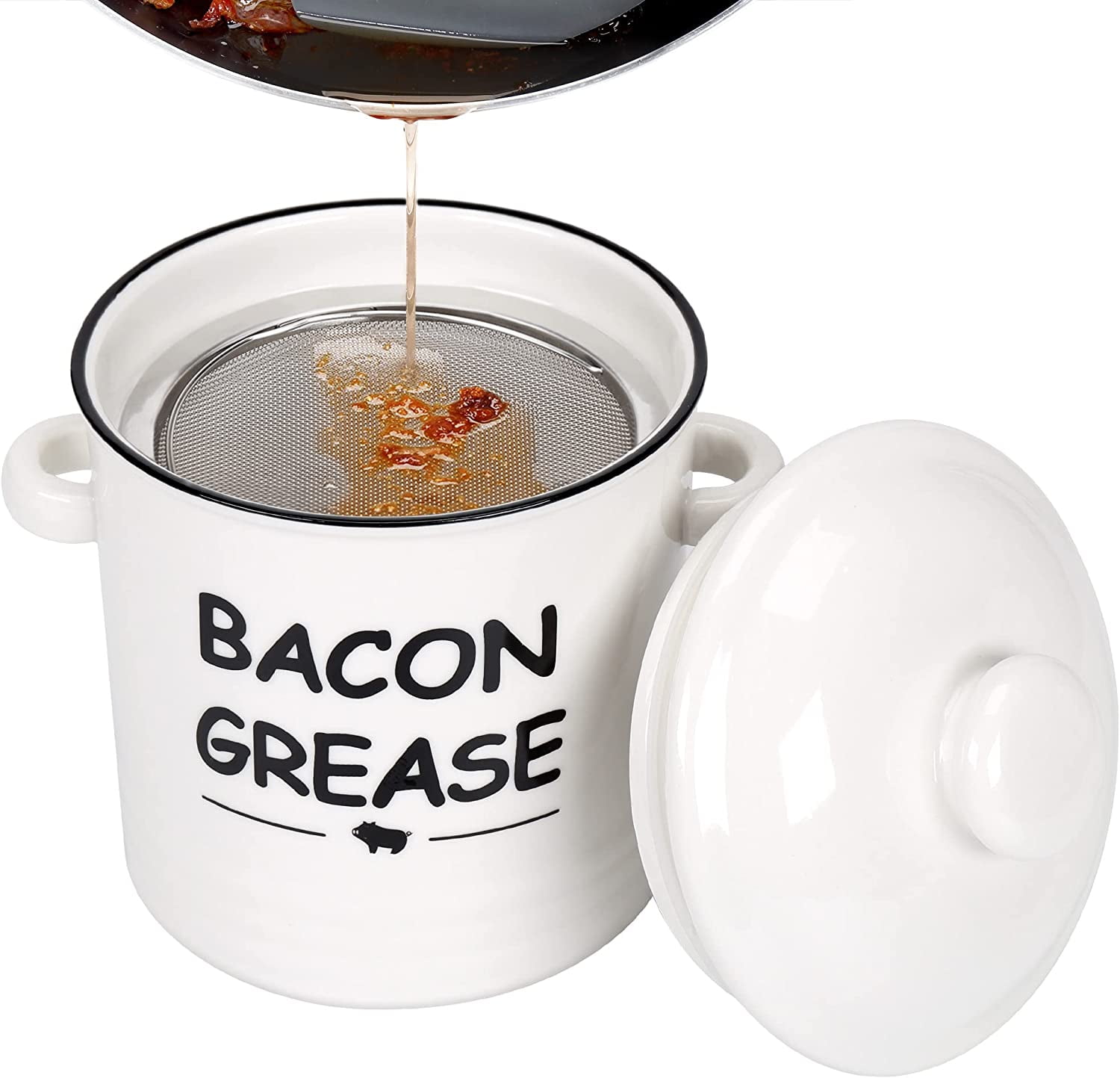 Ceramic Bacon Grease Container with Strainer - 600ml / 20oz Farmhouse ...