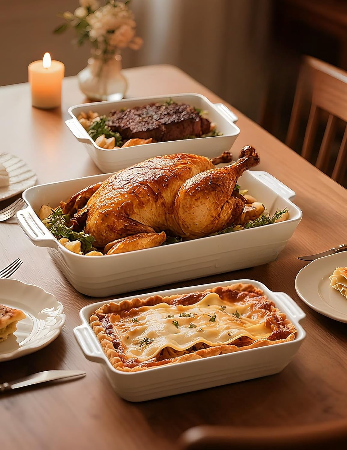 Ceramic Baking Dish Set of 3, Rectangular Casserole Pans with Handles ...