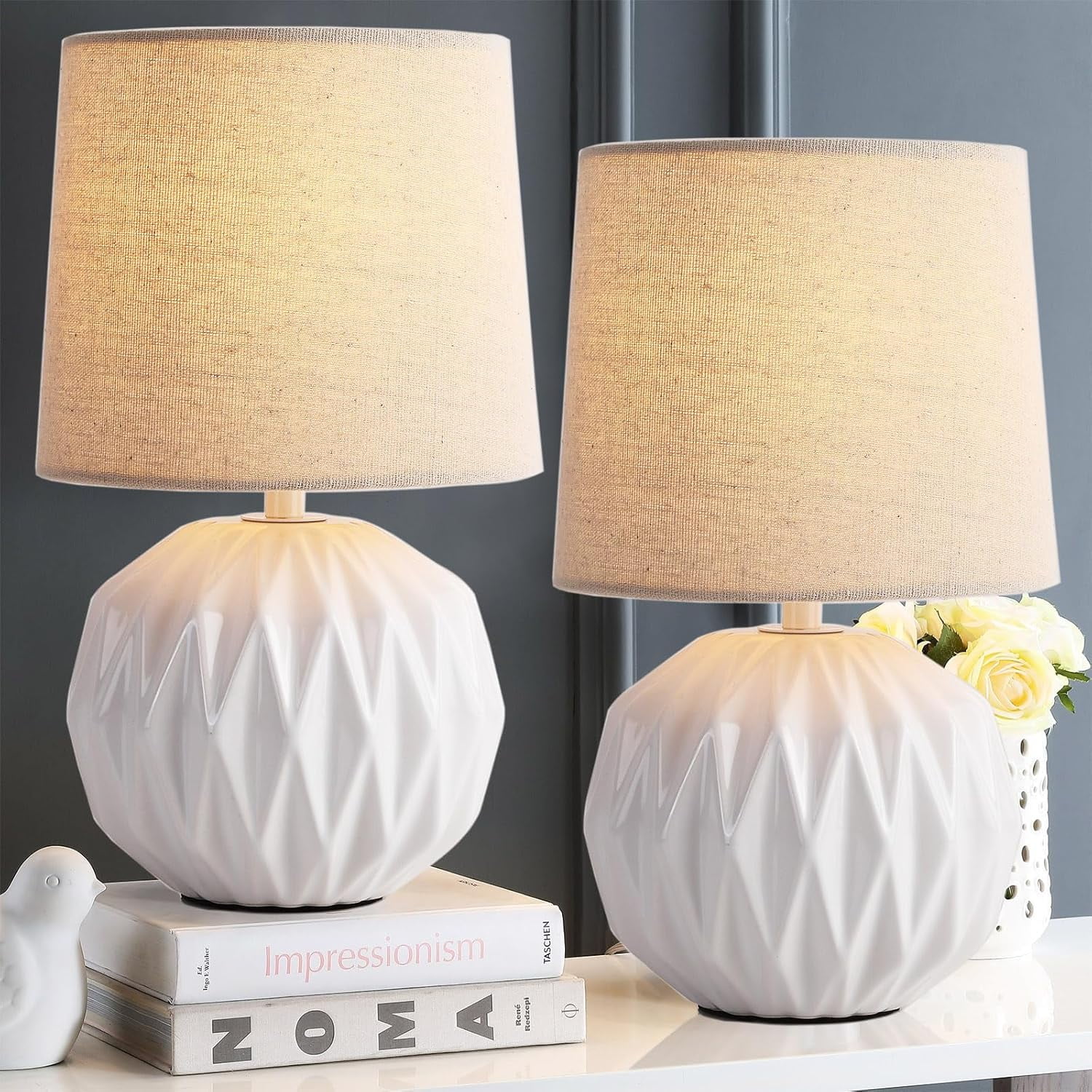 Ceramic Bedroom Table Lamps Set of 2, Small Bedside Lamp, White Lamp ...