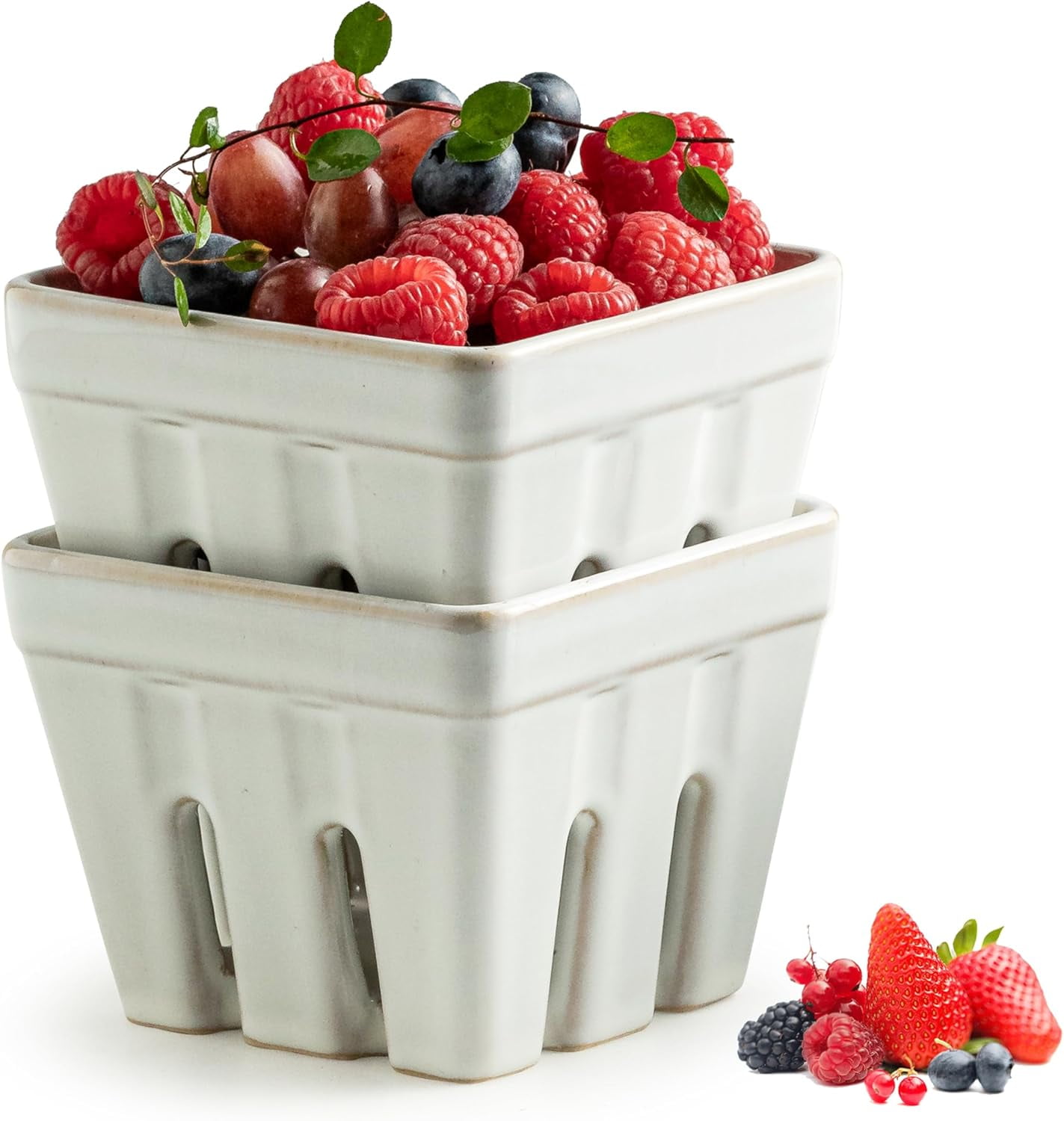 Ceramic Berry Basket Set of 2, Square Fruit Bowl with Holes, Small ...