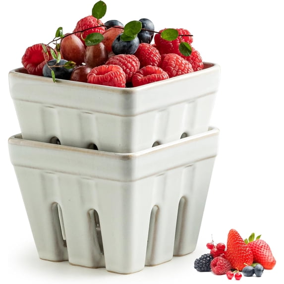 Ceramic Berry Basket Set of 2, Square Fruit Bowl with Holes, Small ...