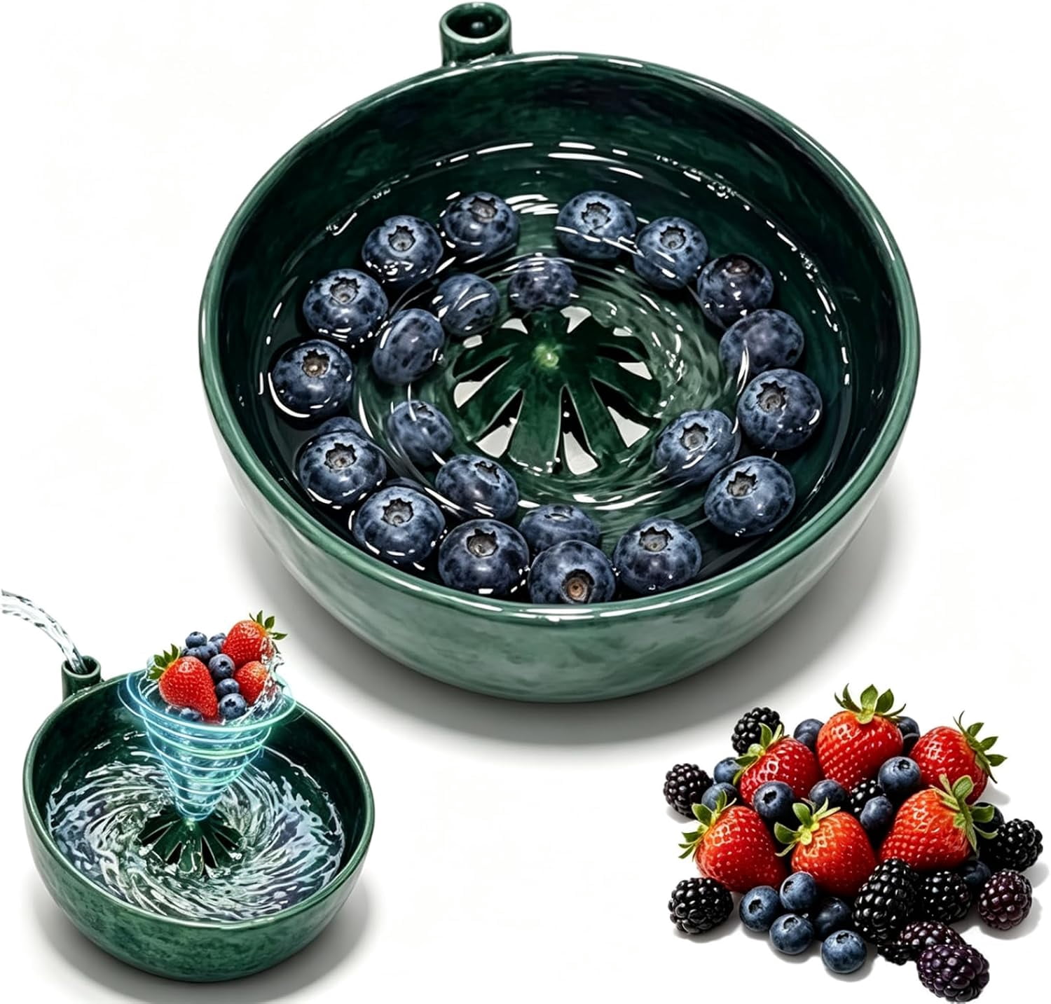 Ceramic Berry Washing Bowl with Drain, Self Spinning Fruit and ...