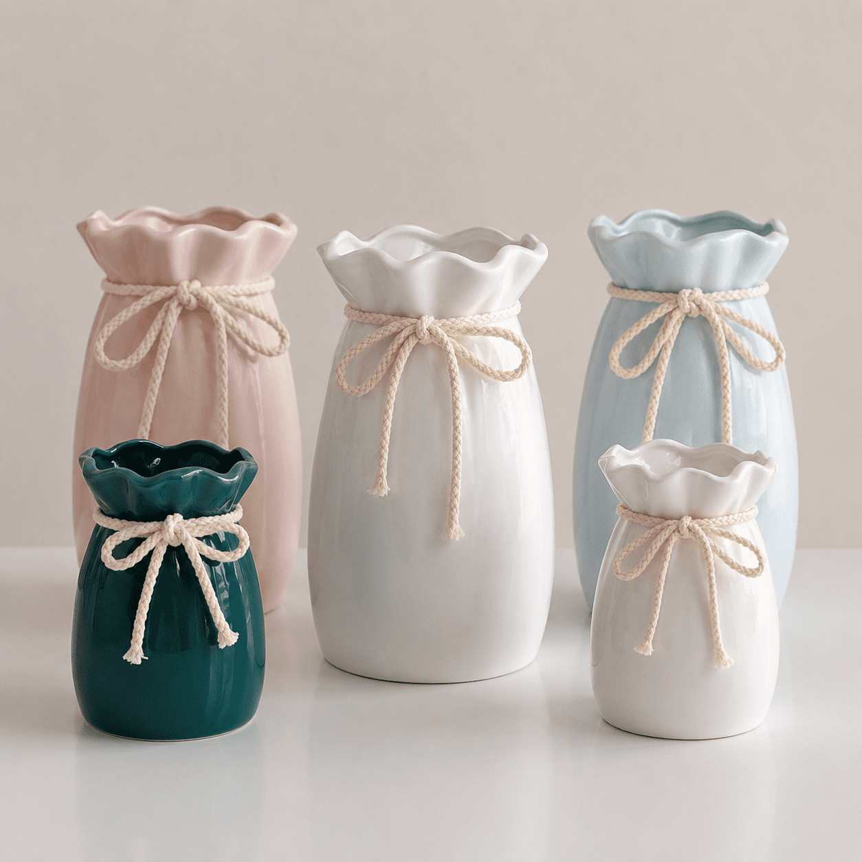 Ceramic Blessing Bag Vase With Rope Bow, Ruffled Opening Decorative ...