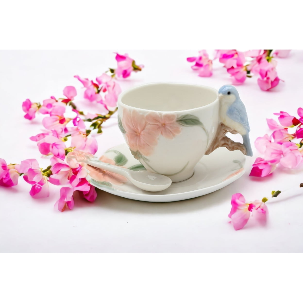 Ceramic Bluebird Flower Cup Saucer Spoon Set 2 Sets Tea Party - Walmart.com