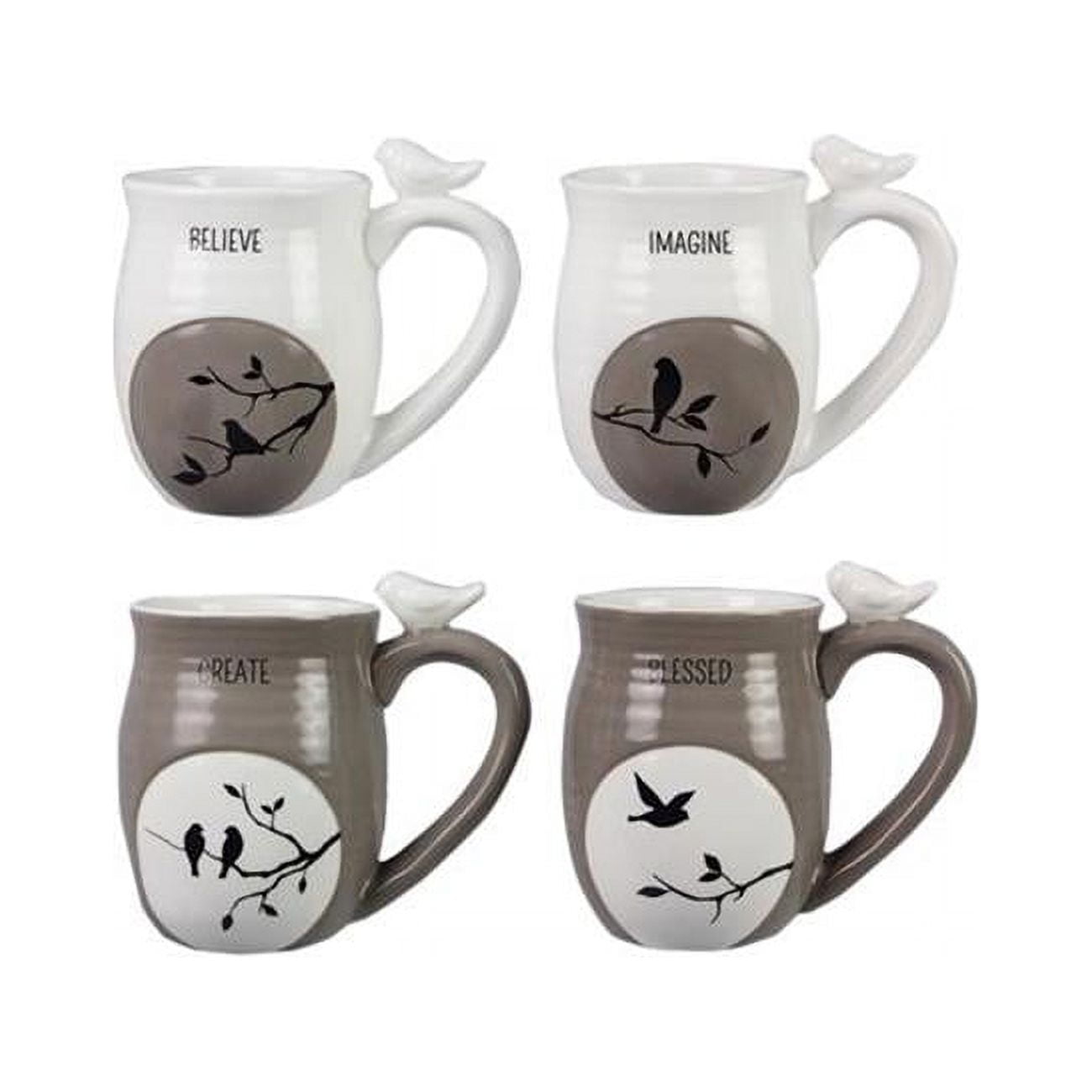 Ceramic Botanical Gray & White Mugs with Bird Accent, Assorted Color ...