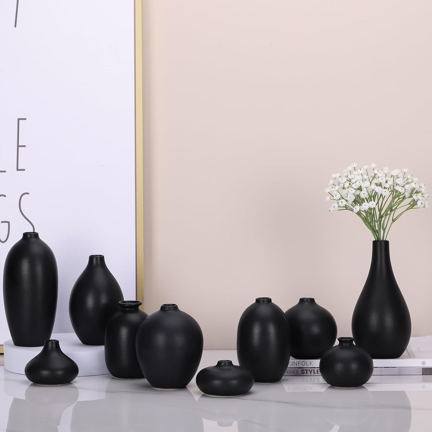 Ceramic Bud Vase Set of 10 - Black Mini Flower Vases for Wedding, Desk ...