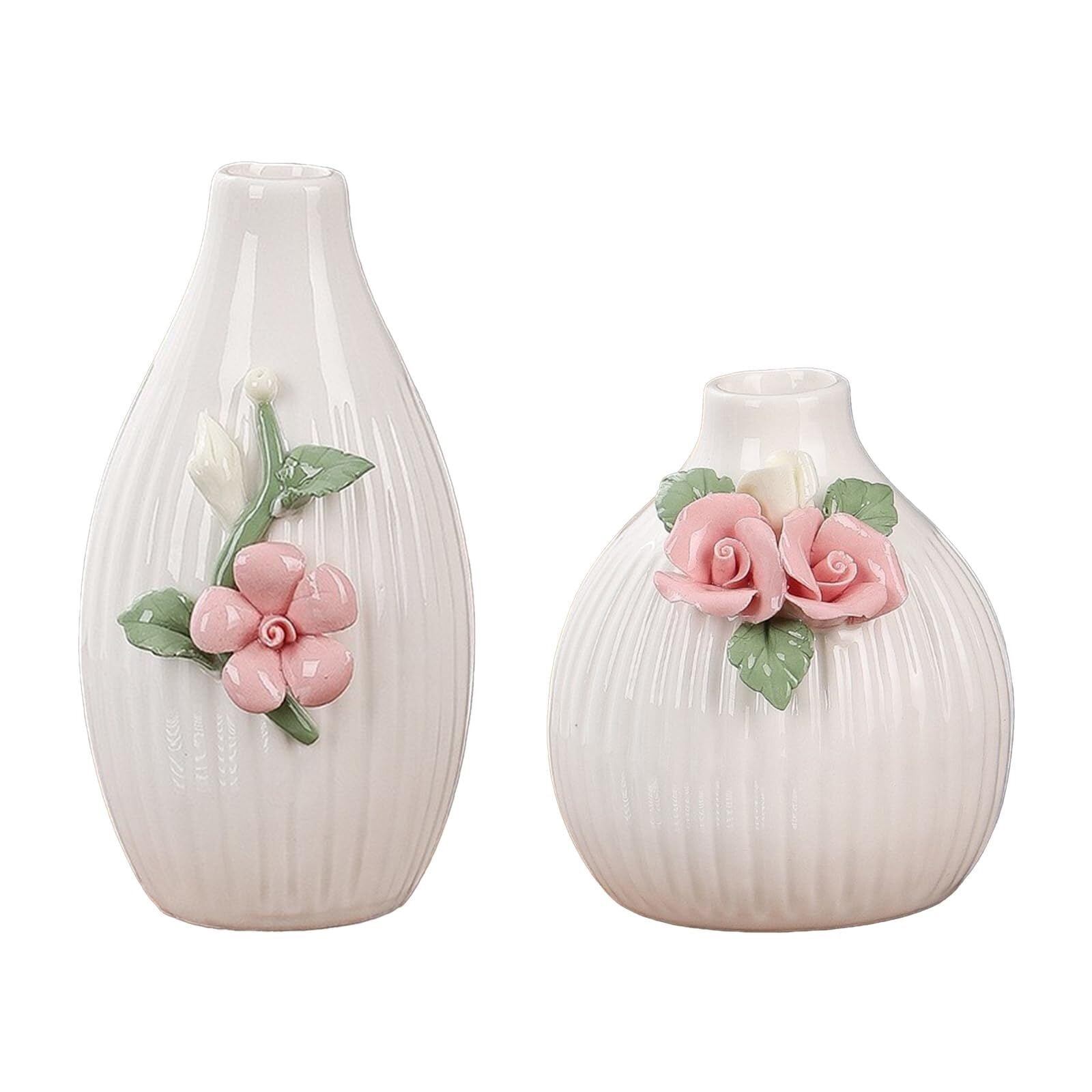 Ceramic Bud Vase Set of 2, Handmade 3D Pink Floral Green Leaf Design ...