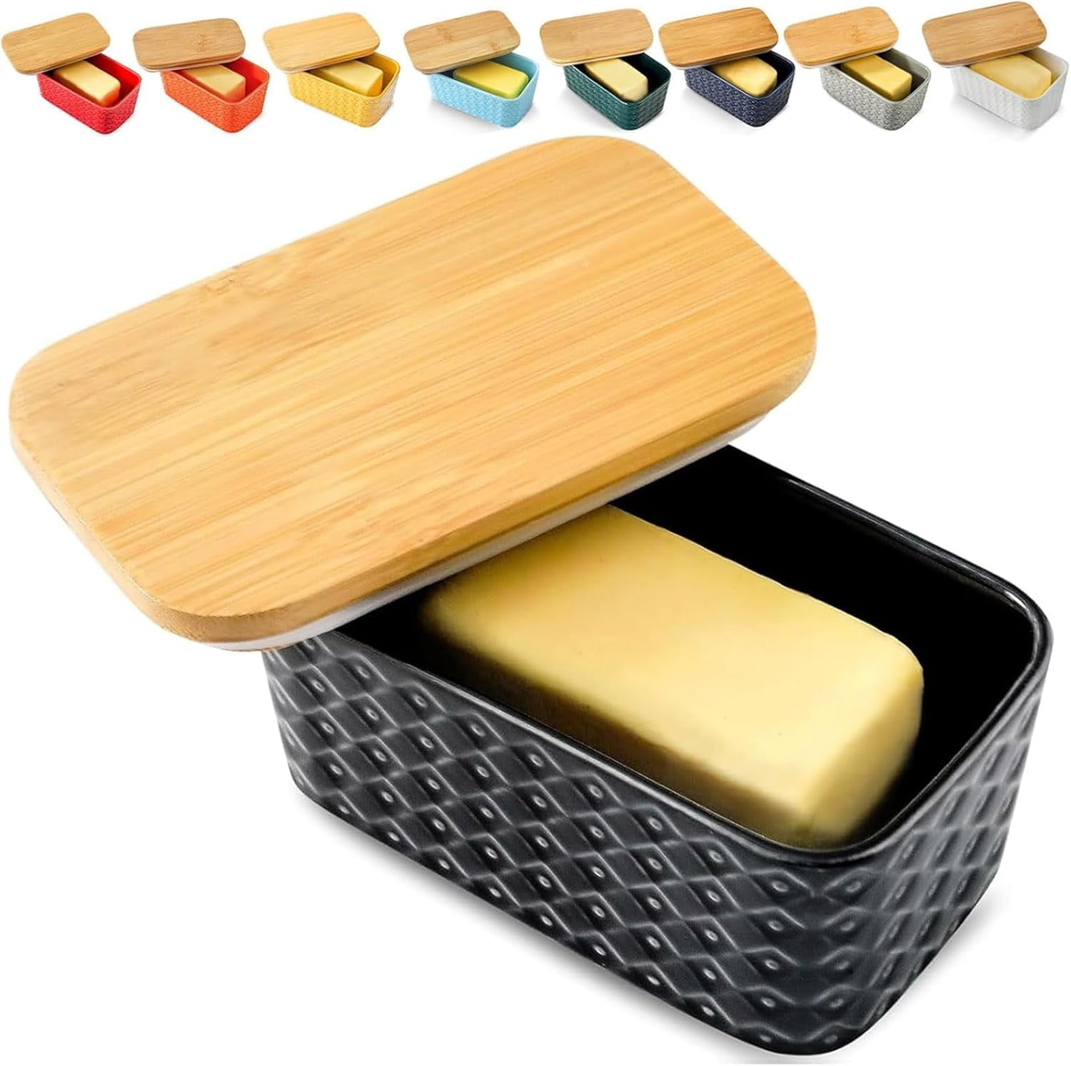 Ceramic Butter Dish with Lid, Black Large Butter Container for Countertop Airtight Butter Stick ...
