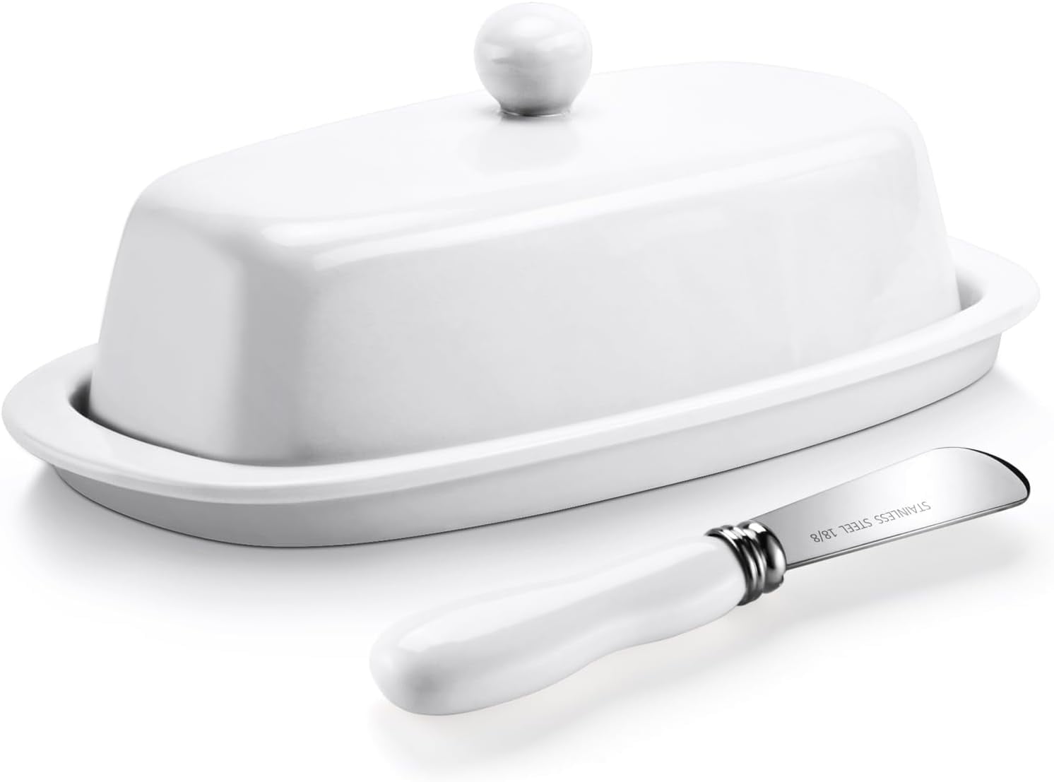 **ceramic butter dish with lid and knife for countertop refrigerator, 8 inch white butter holder ...