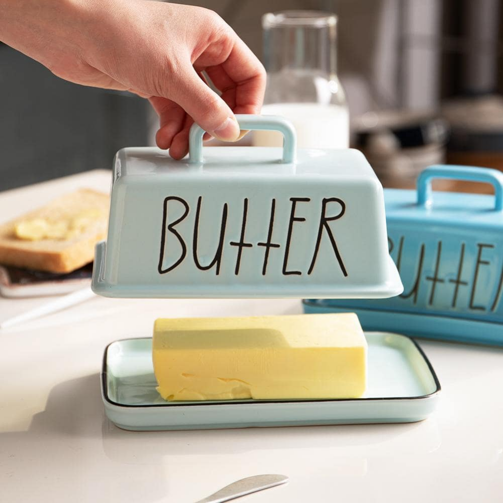 Ceramic Butter Dish with Handle Lid, 7.3 Inch Porcelain Large Butter ...