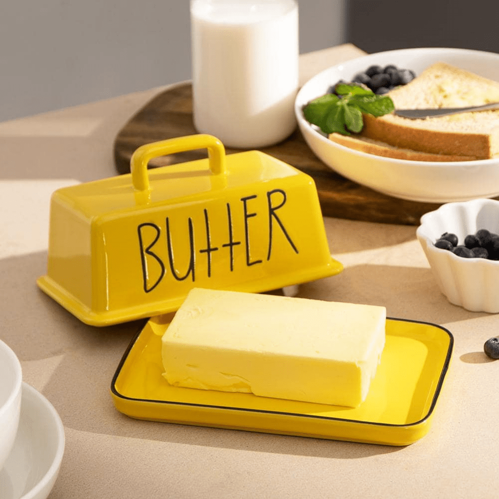 Ceramic Butter Dish with Handle Lid, 7.3 Inch Porcelain Large Butter ...