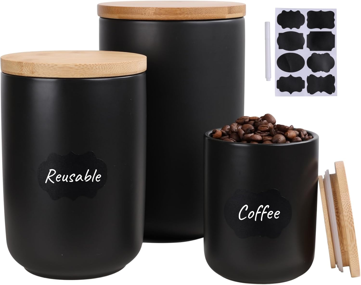 Ceramic Canister Set of 3 with Airtight Bamboo Lid, Kitchen Canisters ...
