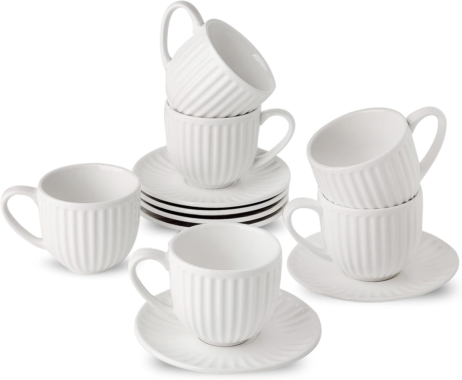 Ceramic Cappuccino Cups and Saucers - 8 Oz, Large Ribbed Latte Cups Set ...