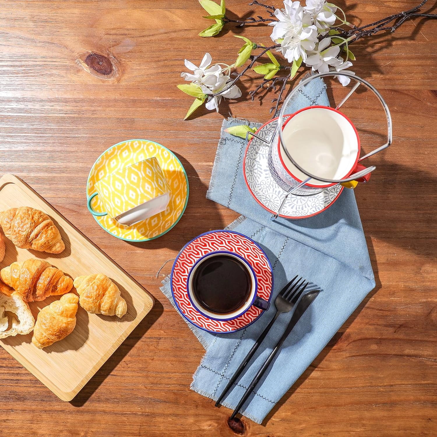 Ceramic Cappuccino Cups with Saucers and Metal Stand, 8 Oz Stackable ...