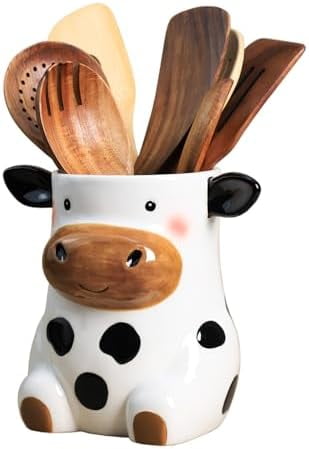 Ceramic Cartoon Cow Kitchen Utensil Holder For Countertop Large Cooking ...
