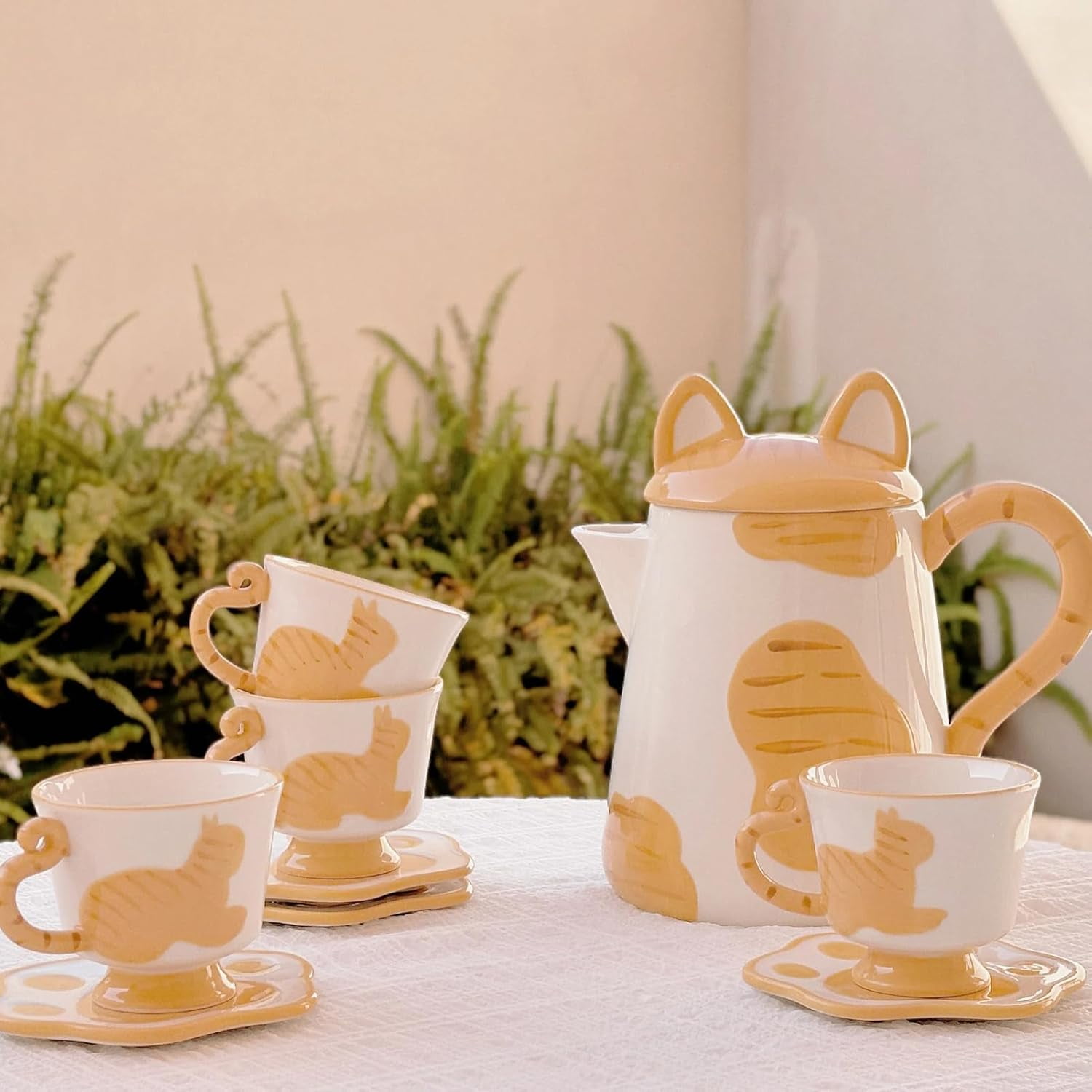 Ceramic Cat Tea Set,Cute Cat Paw Tea Mugs And Saucers Set Of 4,Perfect ...