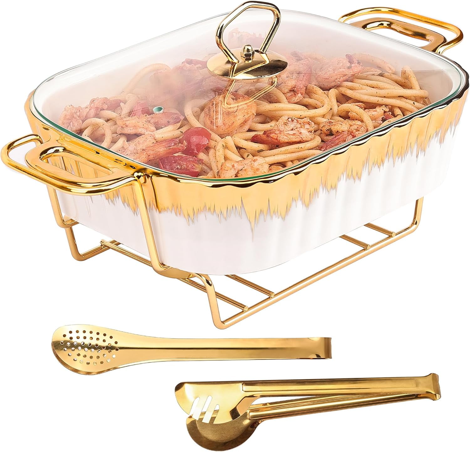 Ceramic Chafing Dish for Buffet – White Food Tray with 2 Gold Tongs ...