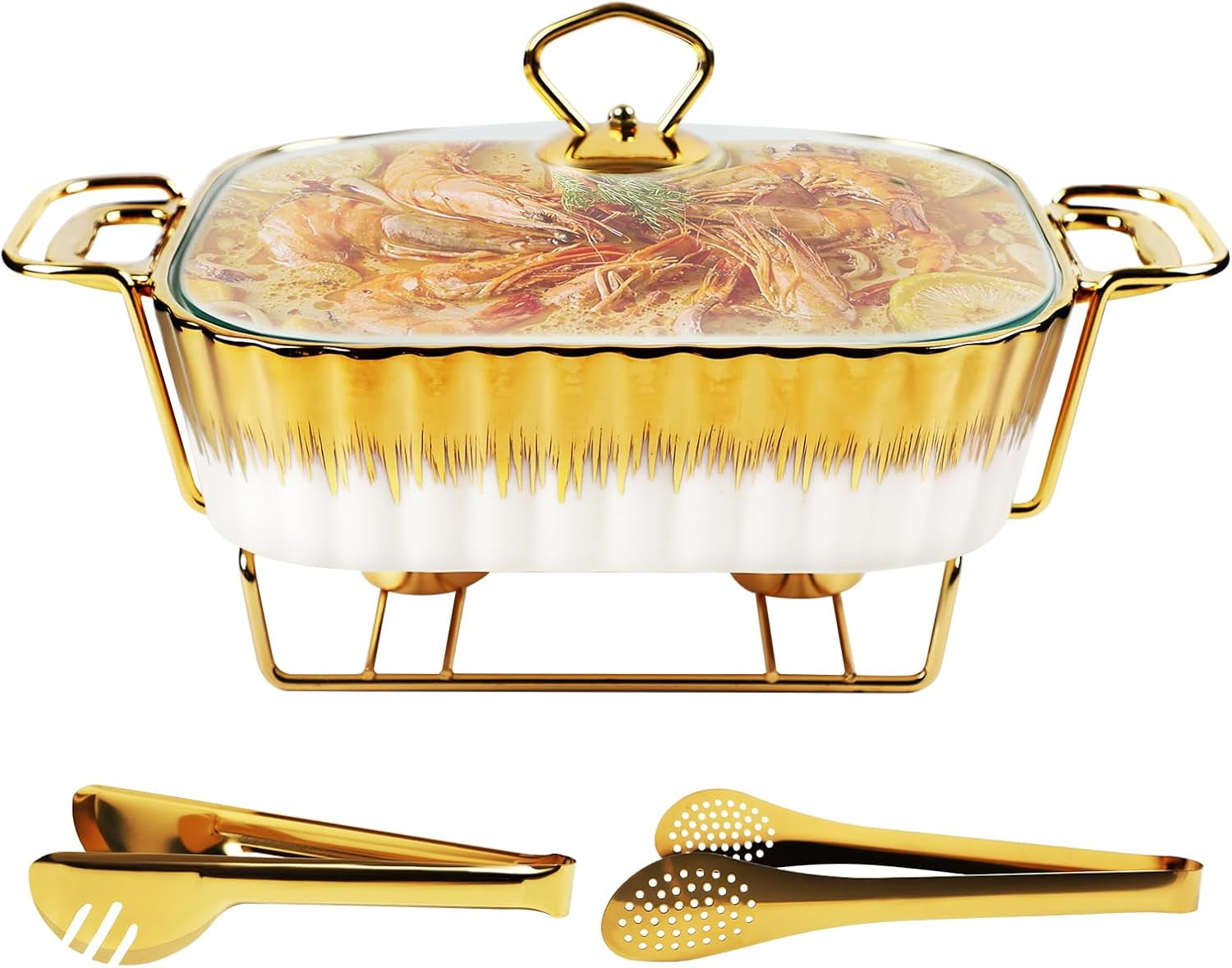 Ceramic Chafing Dish with Glass Lid and Rack, White Rectangular ...