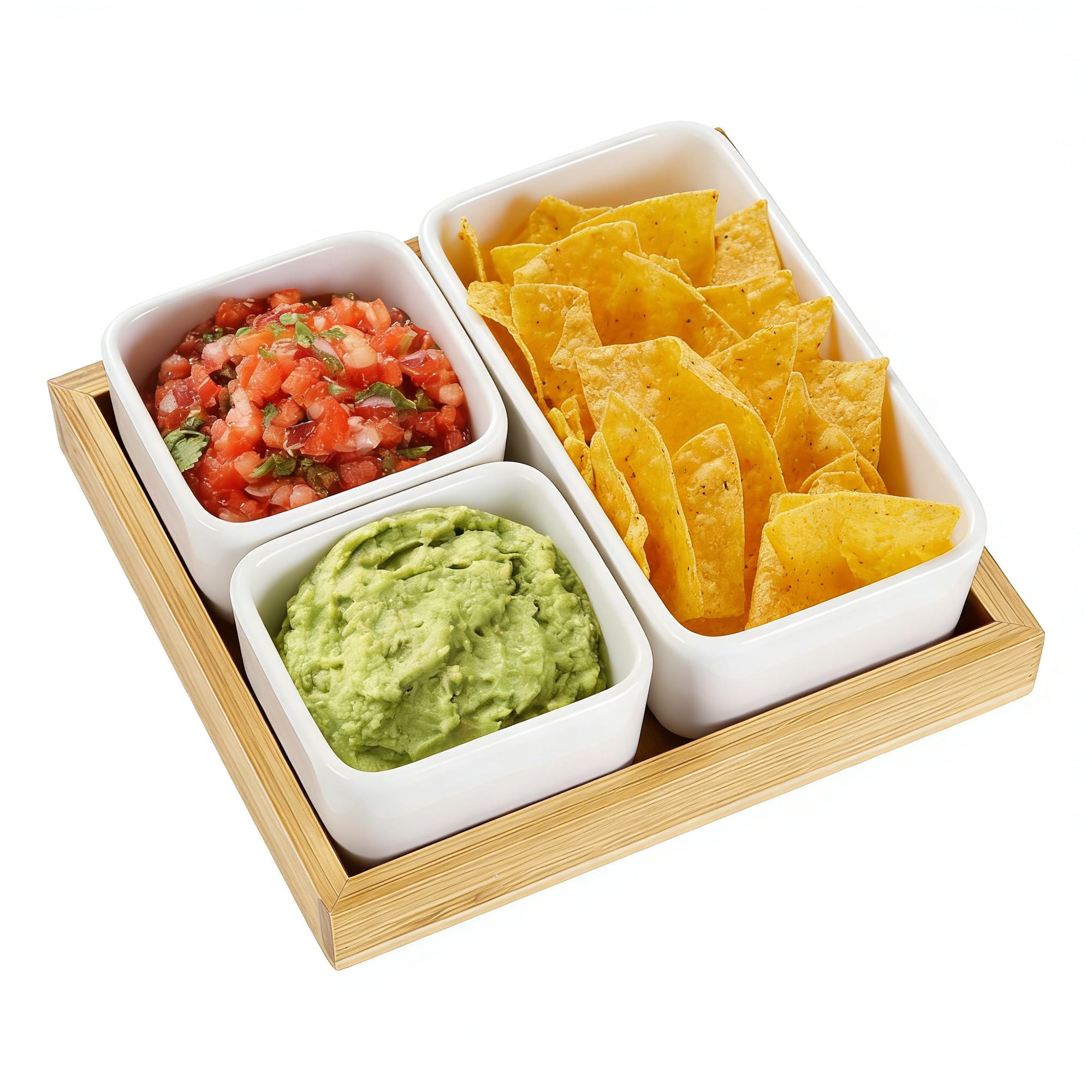 GARITIN Chip and Dip Serving Bowl Set with Acacia Wood Tray, 4 Ceramic ...