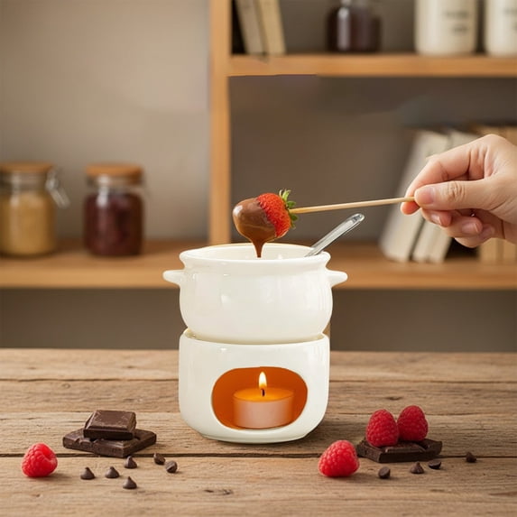 Ceramic Chocolate Fondue Pot Set with Burner & Forks | Heatproof ...