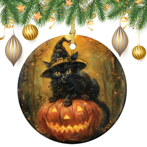 Ceramic Christmas Ornament Black Cat Wearing A Witch's Hat 2 Side ...