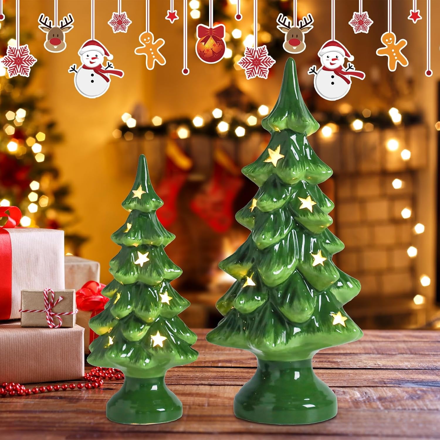 Ceramic Christmas Tree, 2 Pack Tabletop Light-Up Christmas Decorations ...