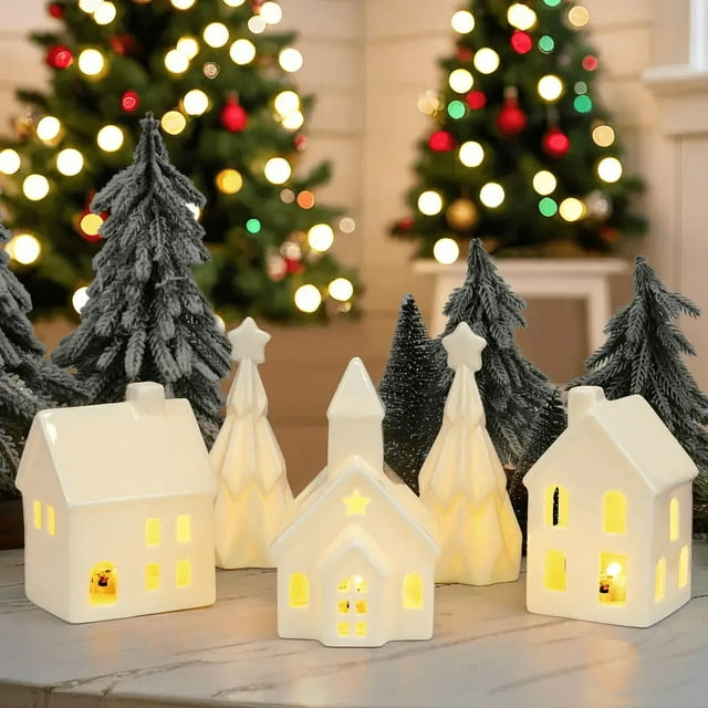 Ceramic Christmas Village Set - Includes 3 Illuminated Houses & 2 Trees ...