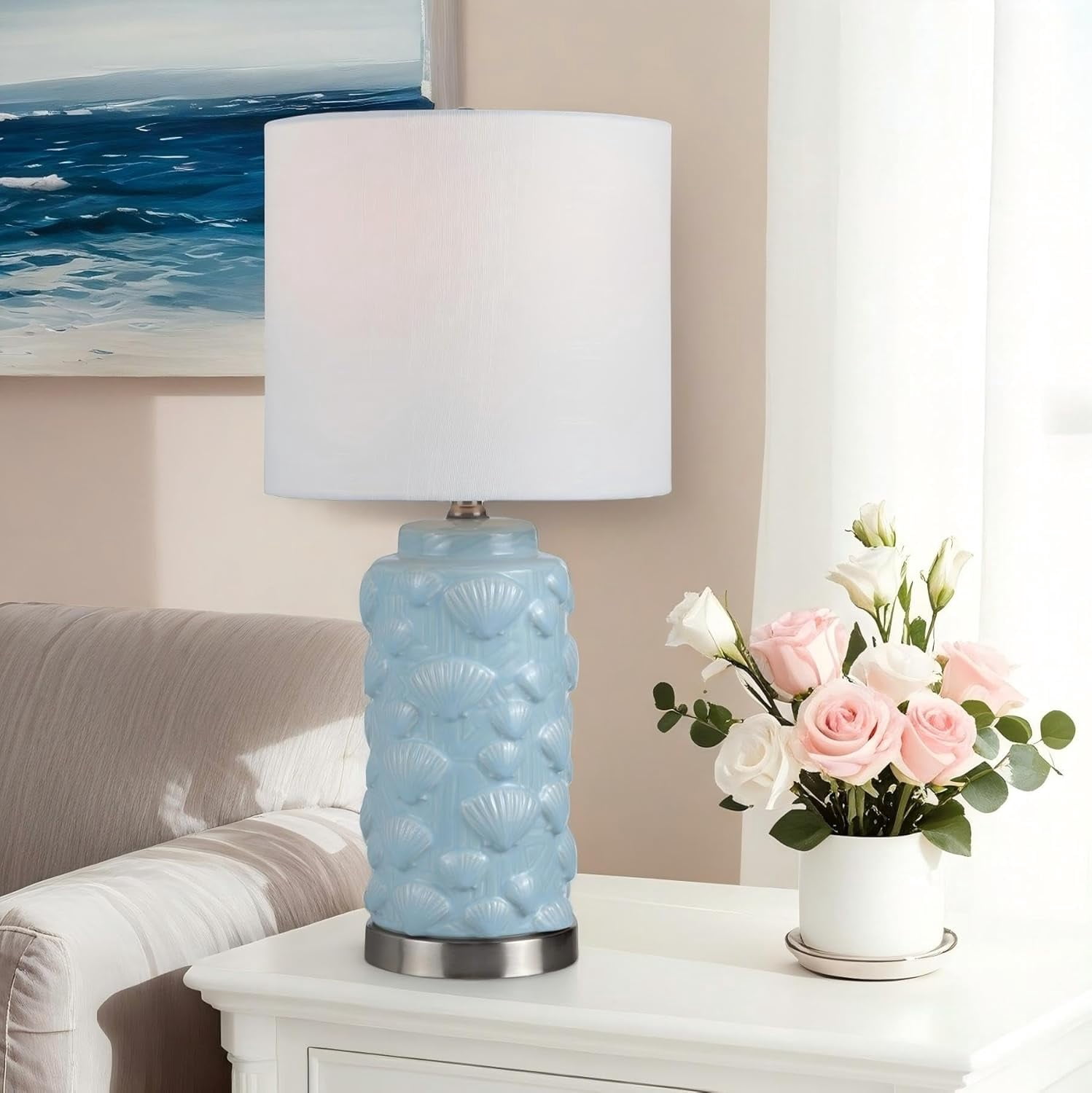 Ceramic Coastal Table Lamp, 23" White Seashell Lamp with Linen Shade ...