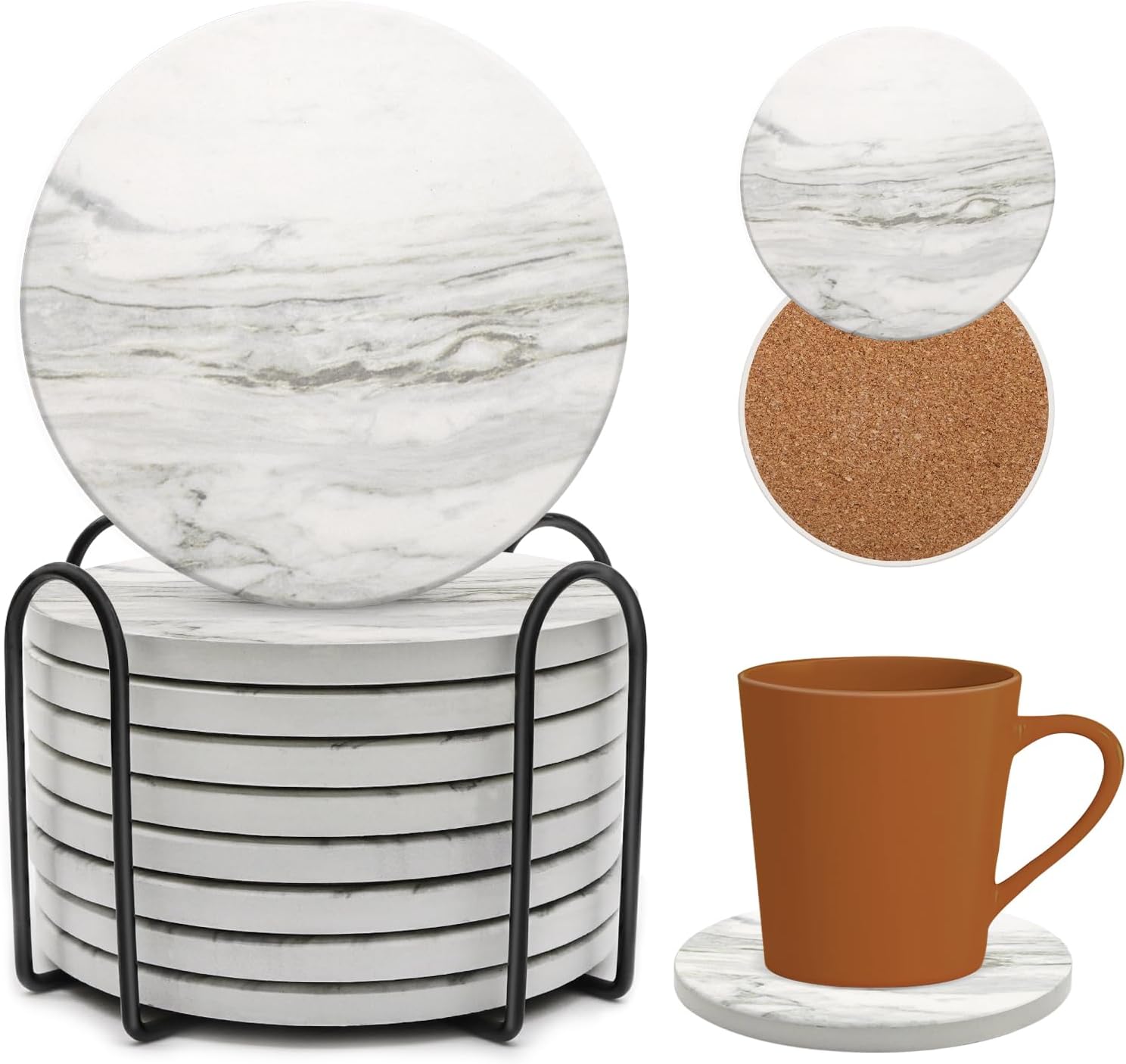 Ceramic Coaster Set of 8, 4 Inch Round Coasters with Holder, Absorbent ...