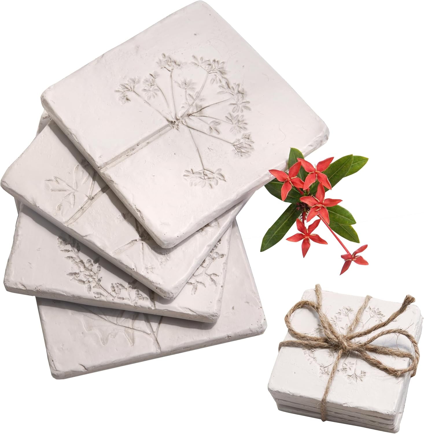 Ceramic Coasters Set of 4 – White Vintage Engraved Flower Design, Non ...