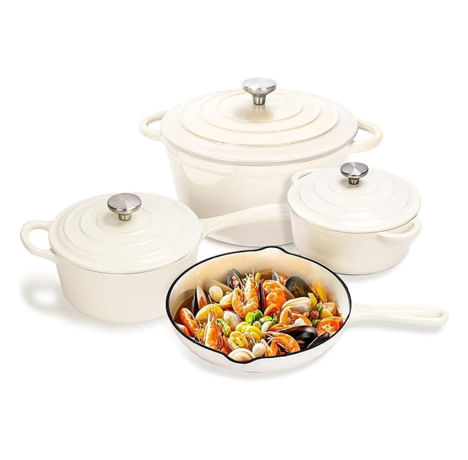 Ceramic Coated Cast Iron Cookware Set, 7-Piece Enameled Dutch Oven and ...