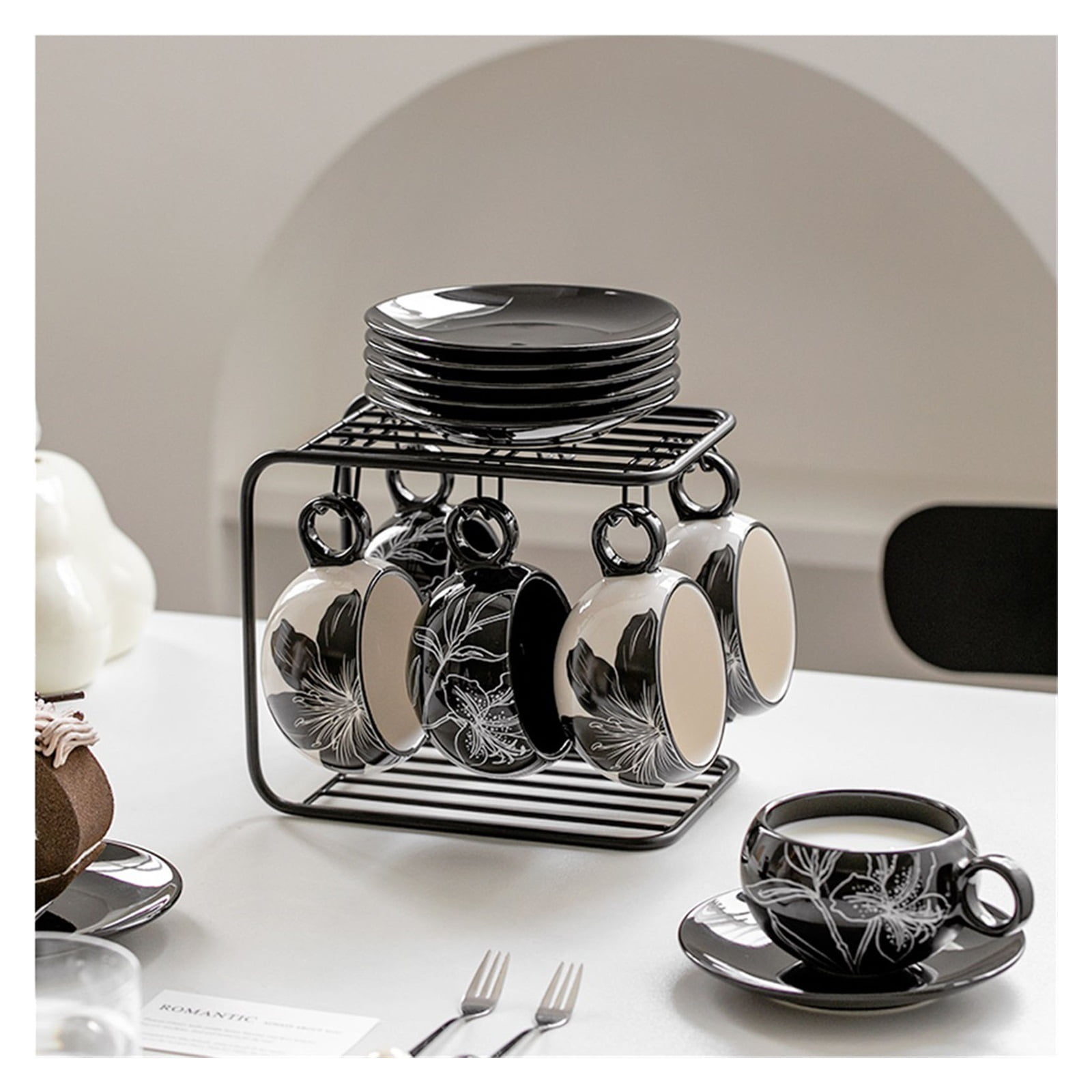 Ceramic Coffee Cups Set of 6 with Saucers and Metal Stand for Double ...