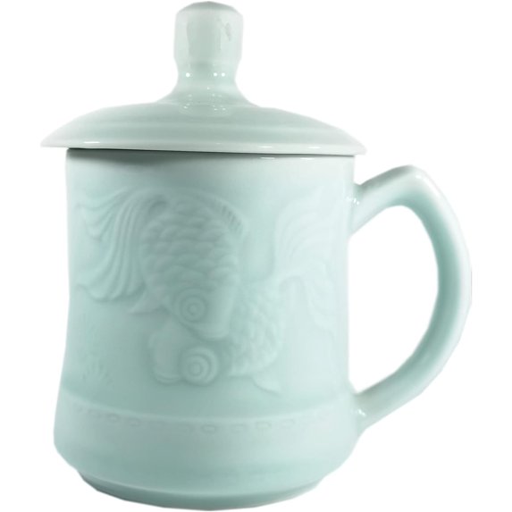 Ceramic Coffee Cups with Lid Pottery 12-Ounce Mugs Engraved Fish (Sky ...