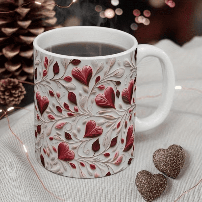 Ceramic Coffee Mug, Heart Pattern Design, Aesthetic Latte & Tea Cup ...