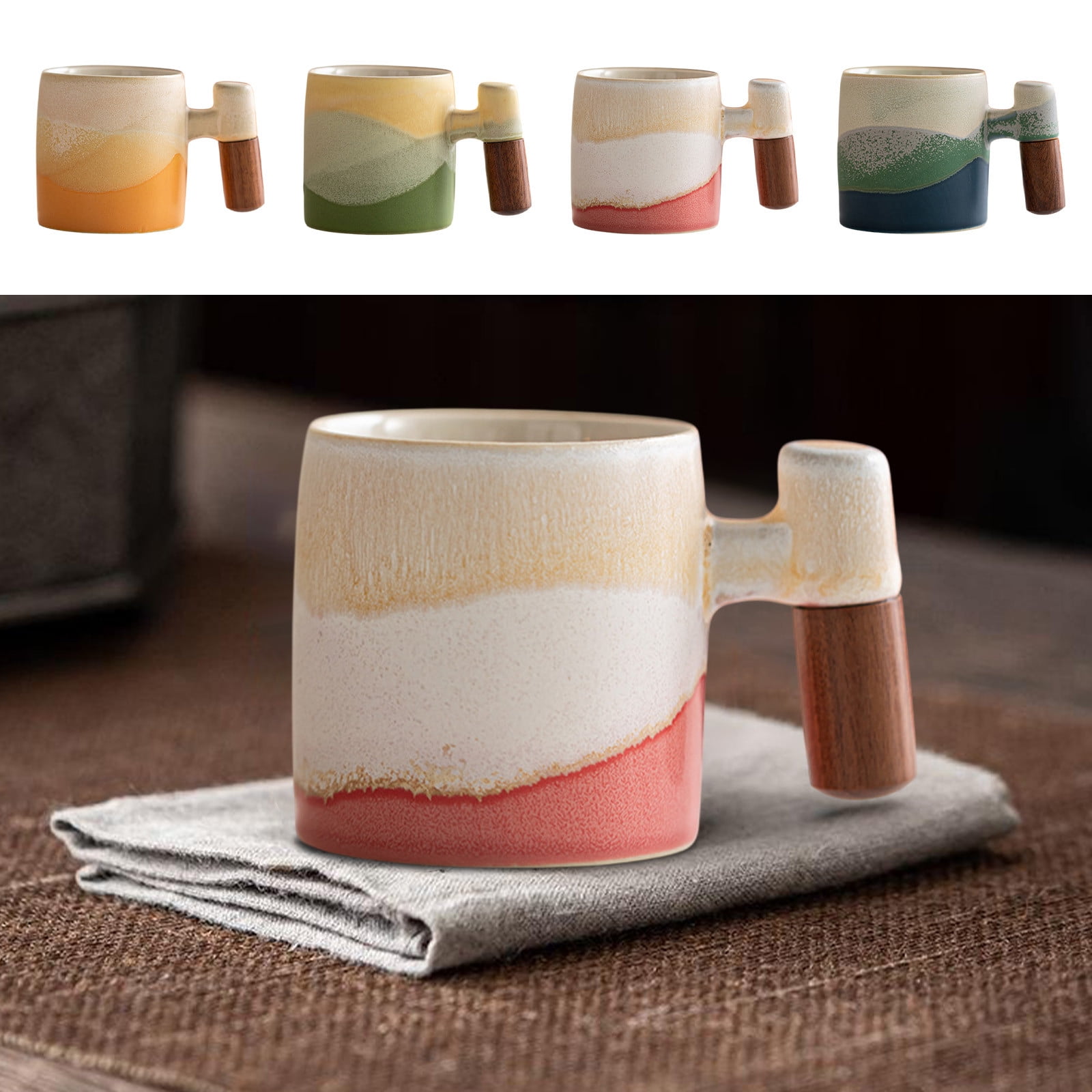 Ceramic Coffee Tea Cup with Wooden Grip Handle | Gradient Glaze ...