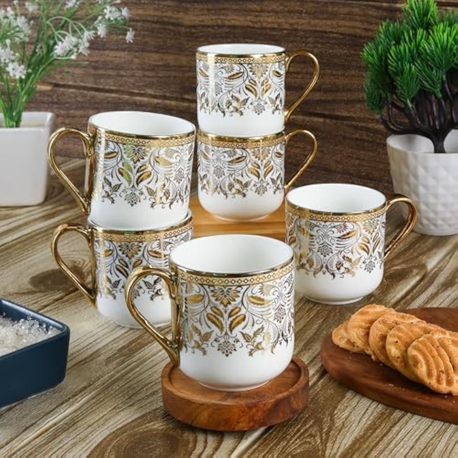Ceramic Coffee & Tea Cups Set of 6 - 6oz Golden, Heat-Resistant ...