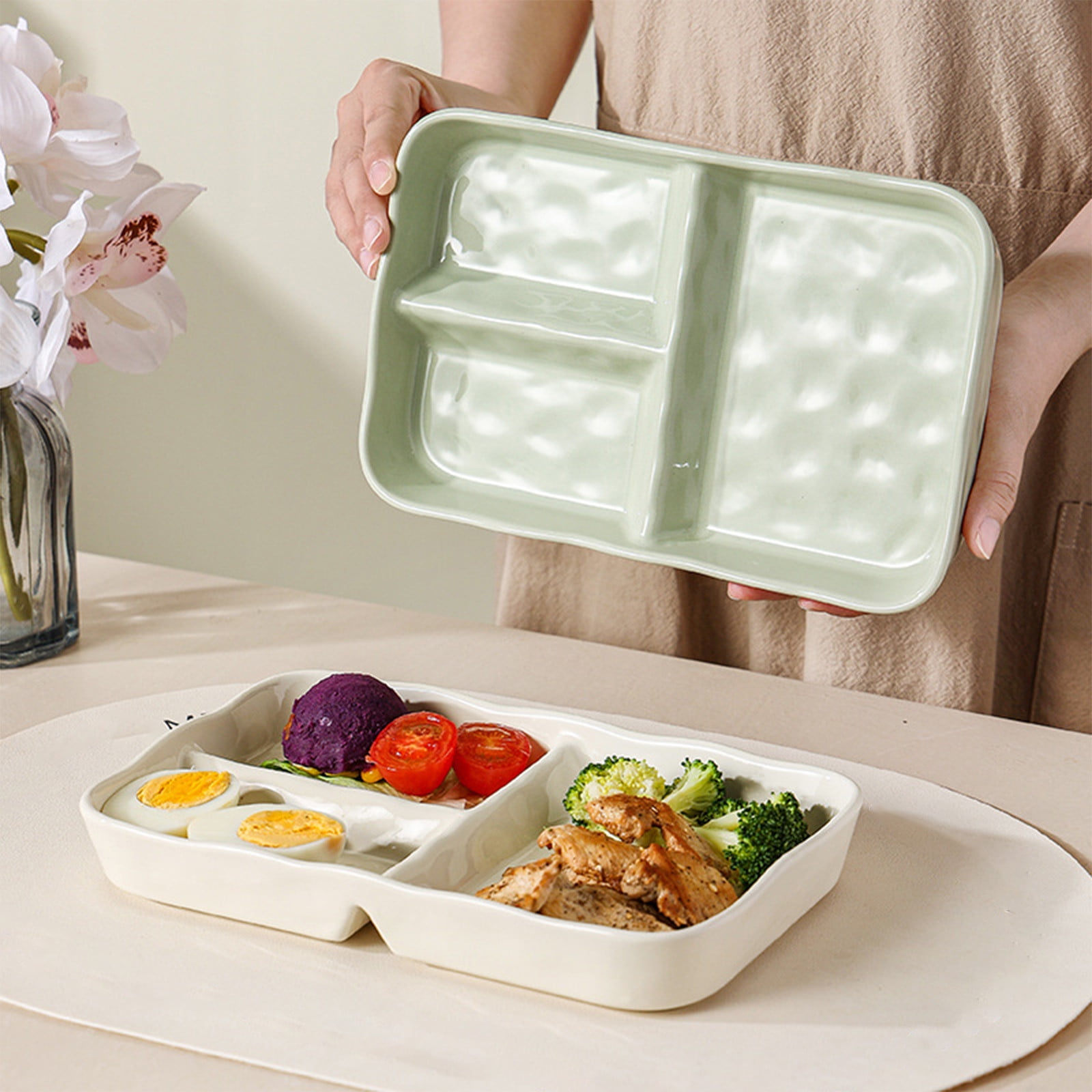 Ceramic Compartment Plate in Yellow Green White - Microwave-Safe 9.64x6 ...
