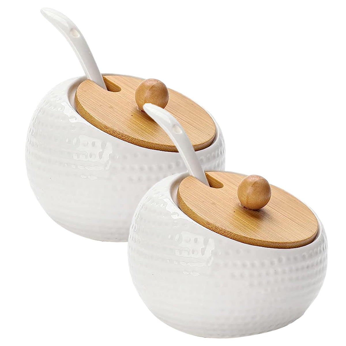 Ceramic Condiment Pots, Bamboo Cap White Round Wavy Design Porcelain ...