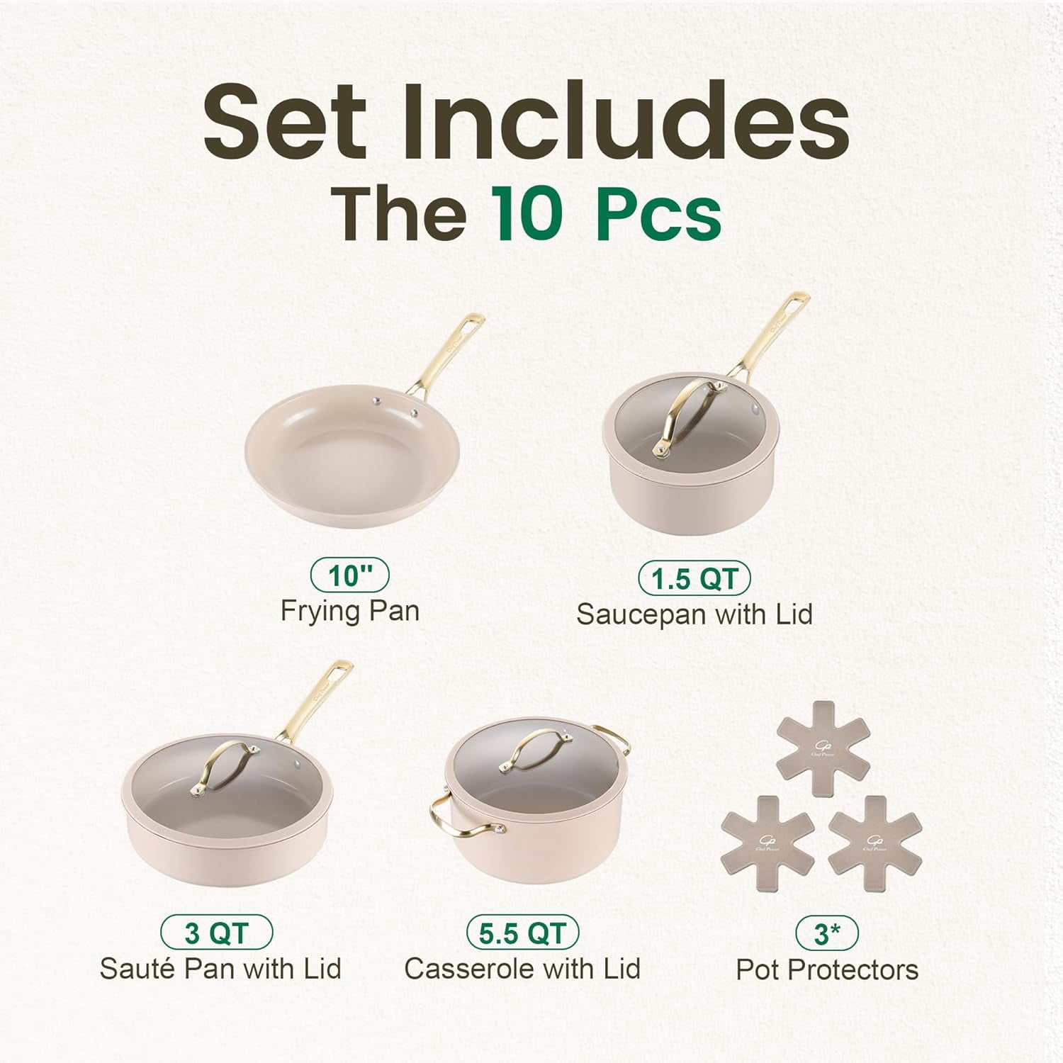 Ceramic Cookware Set 10Pcs Non Stick Pots and Pans Taupe Light Gold ...