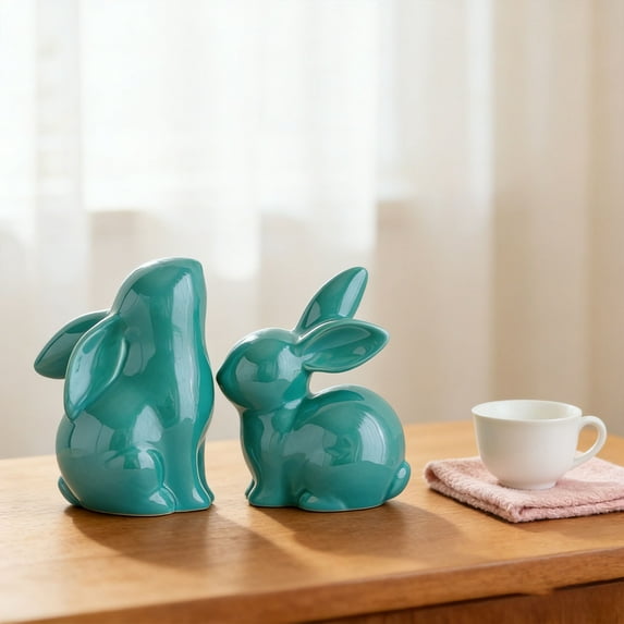 Ceramic Couple Bunny Figurines 4" Mini Rabbit Statues Porcelain Animal ...