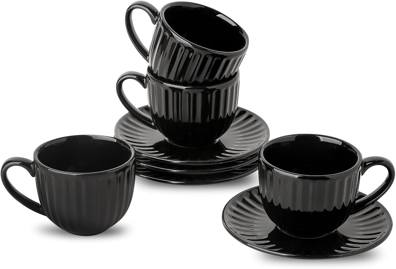 Ceramic Cups and Saucers - 8 Oz, Large Ribbed Latte Cups Set of 4 for ...