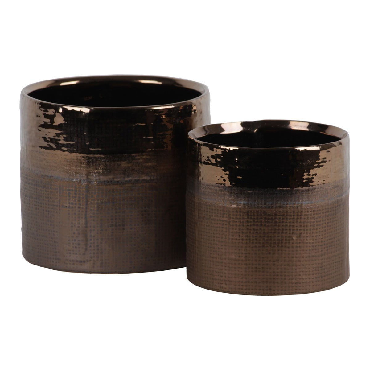 Ceramic Cylinder Pot with Banded Polished Gold Rim Top and Hatch Design ...