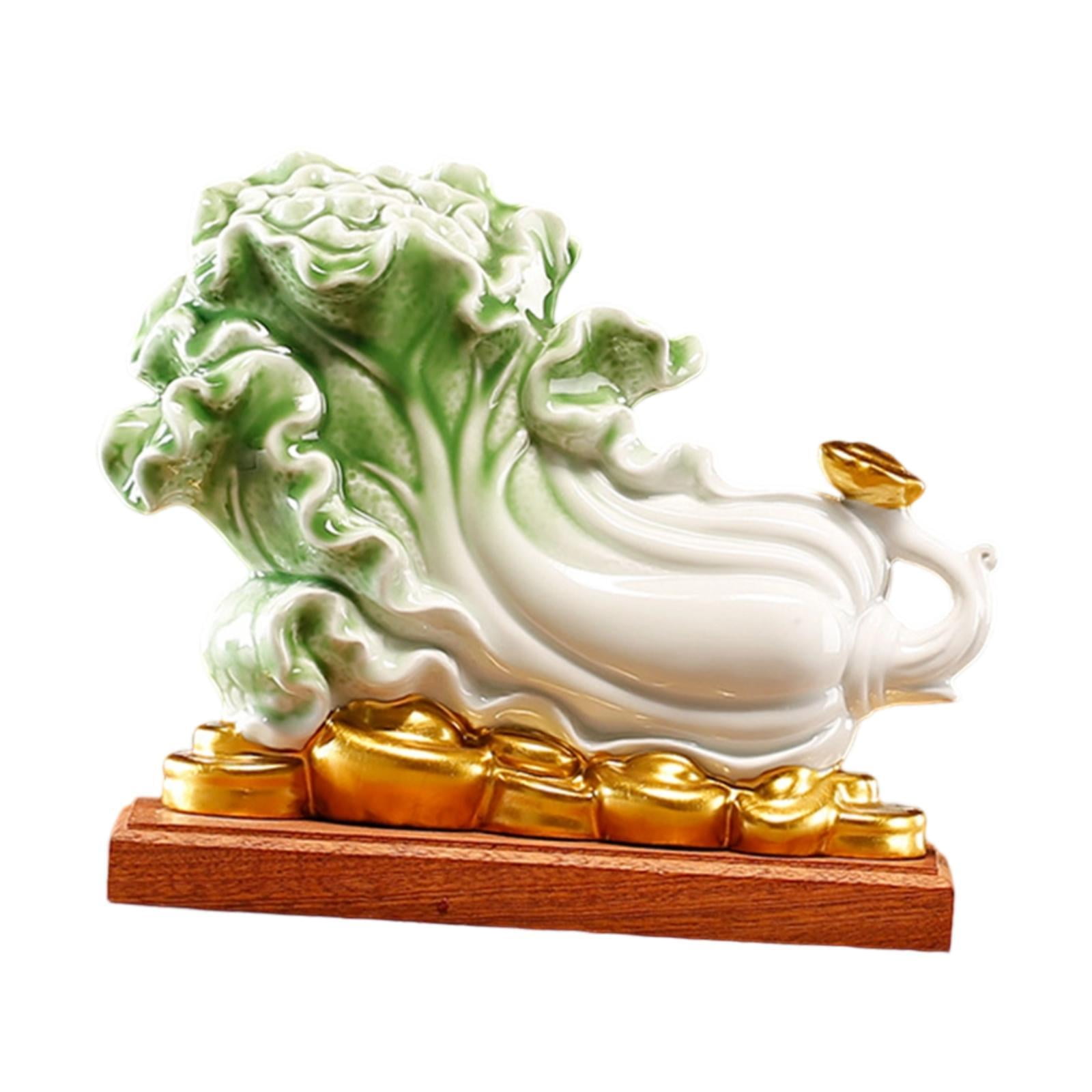 Ceramic Decor Cabbage Sculpture Wooden Stand Handcrafted Display Piece ...