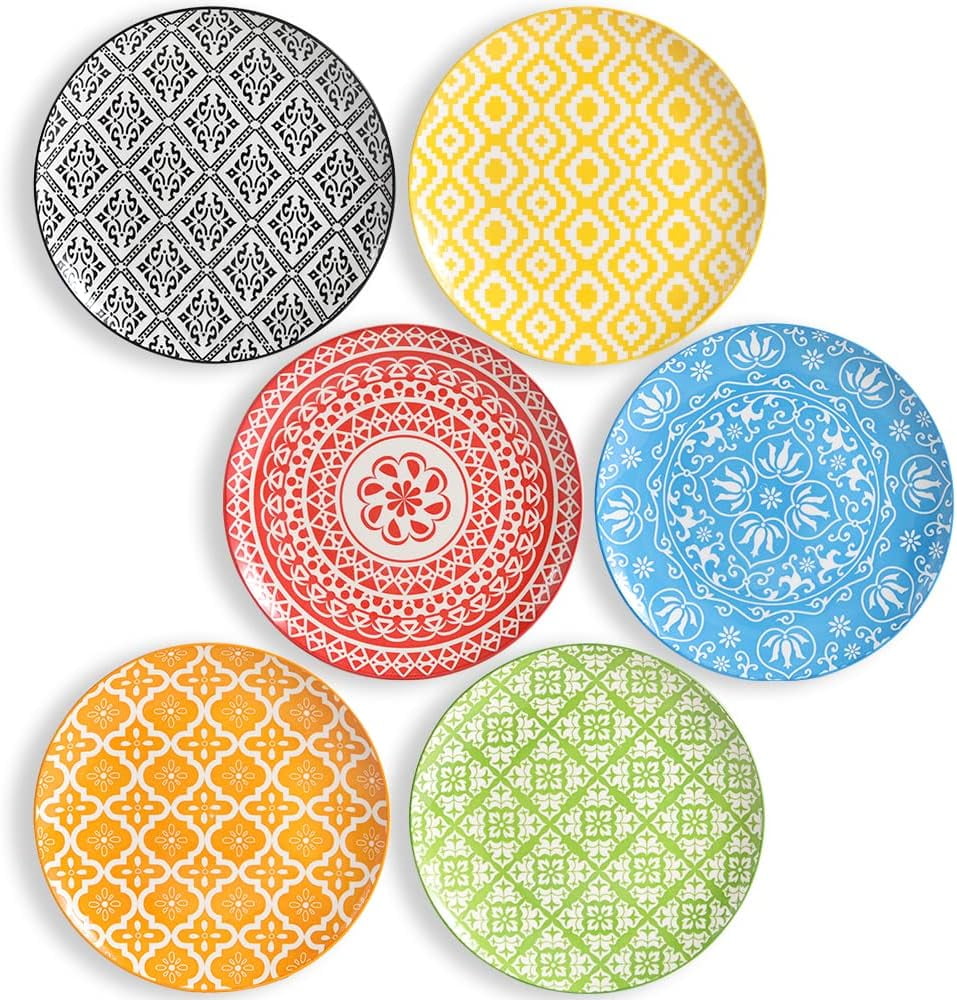 Ceramic Dinner Plates - 10 Inch Porcelain Plate Set of 6 with Colorful ...