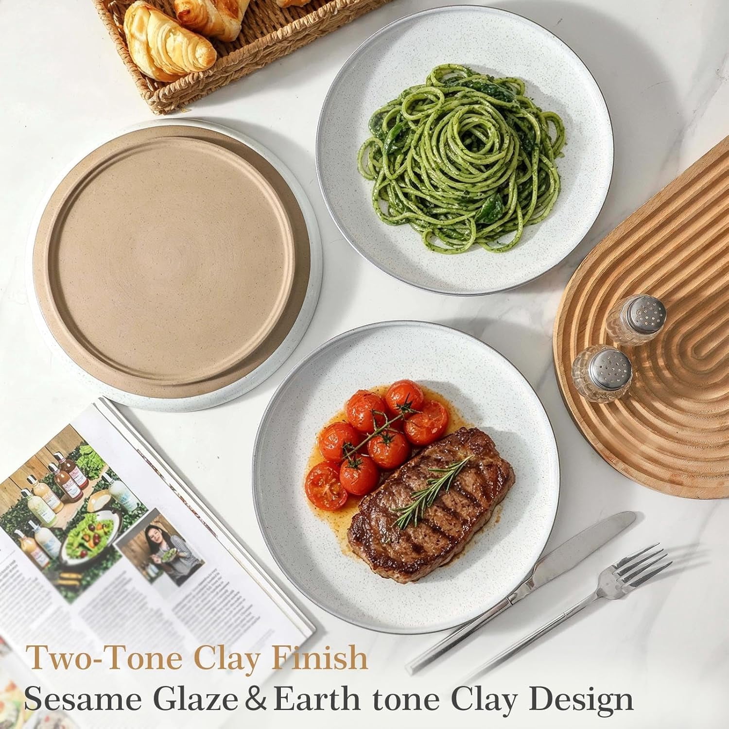 Ceramic Dinner Plates Set of 4, 10 Inch White Stoneware for Pasta Salad ...
