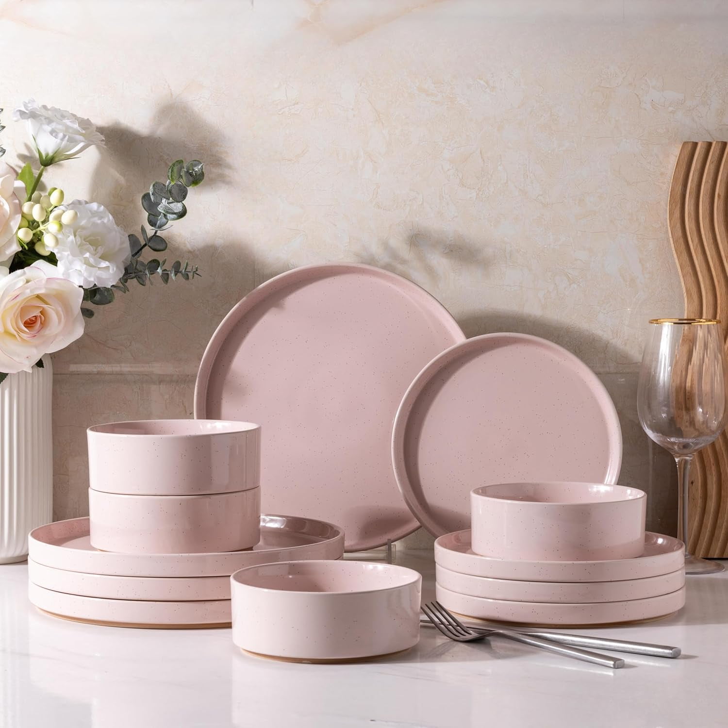 Ceramic Dinnerware Set for 4 | Speckled Stoneware Plates and Bowls with ...