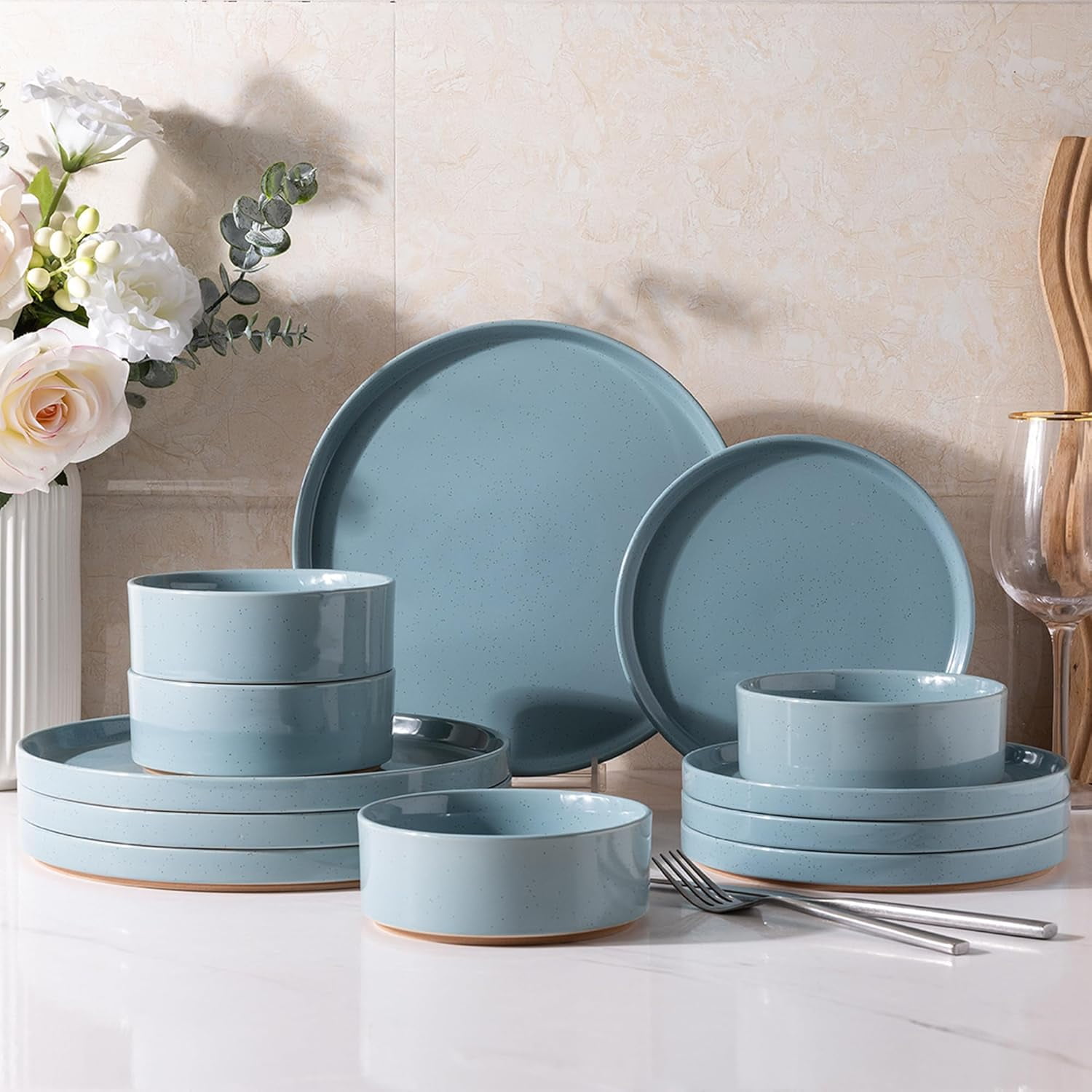 Ceramic Dinnerware Set for 4 | Speckled Stoneware Plates and Bowls with ...
